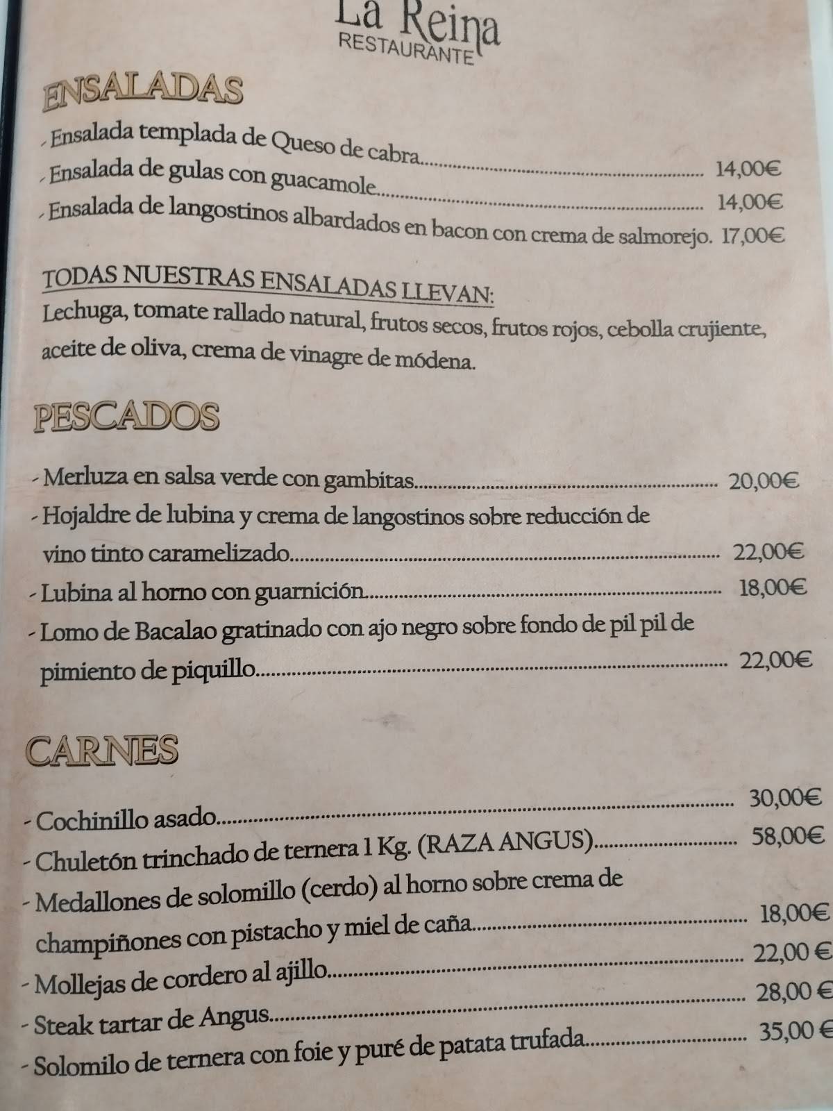 Carta de Restaurante La Reina, Aranjuez