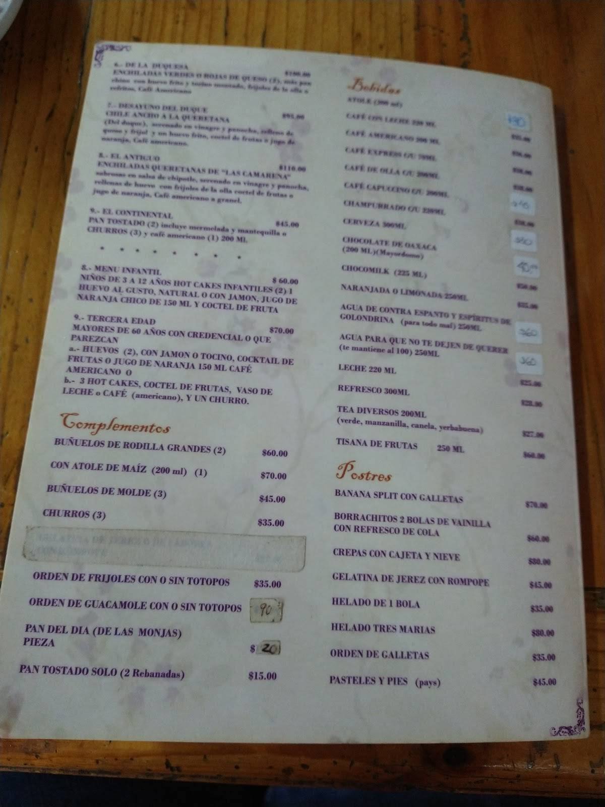 Carta de Restaurante Las Monjas, Santiago de Querétaro