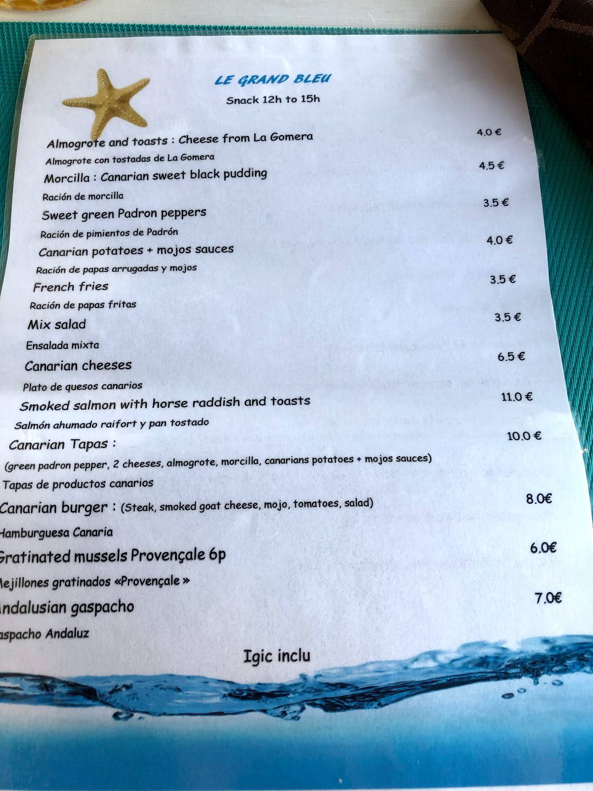 Menu at Restaurante Le Grand Bleu, Las Galletas