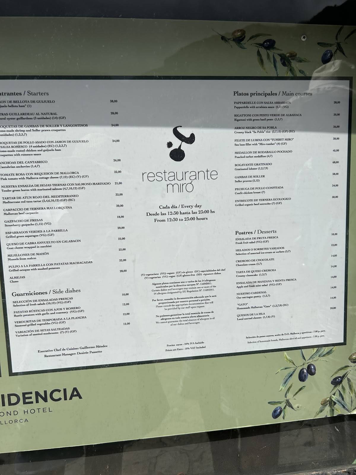 Menu at Restaurante Miró, Deià