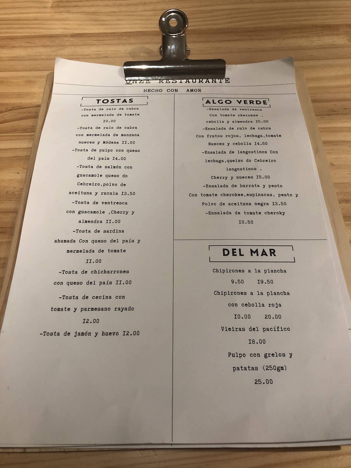 Menu at Restaurante Onze, Betanzos