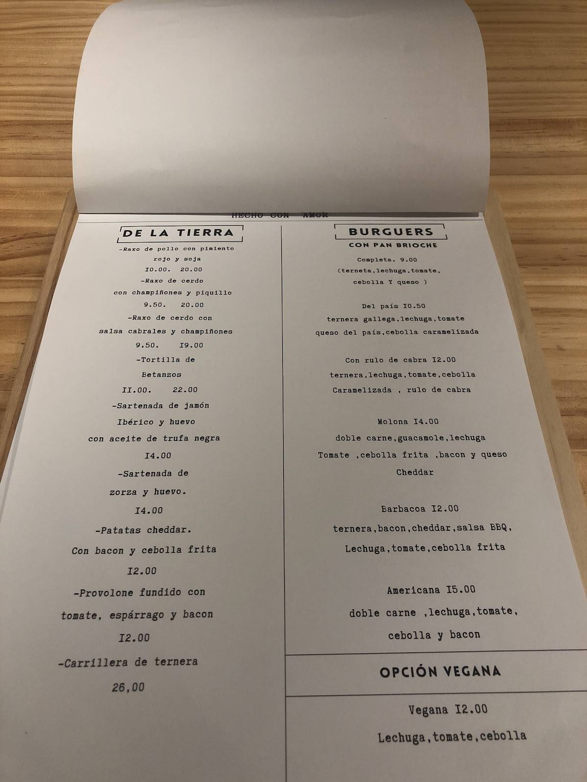 Carta de Restaurante Onze, Betanzos