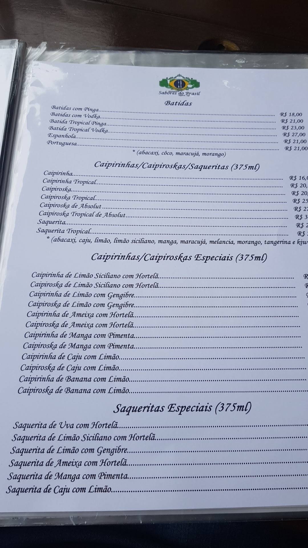 Menu em Restaurante Sabores do Brasil, Guarujá