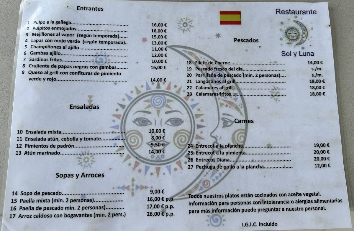 Carta de Restaurante Sol Y Luna, Punta Mujeres