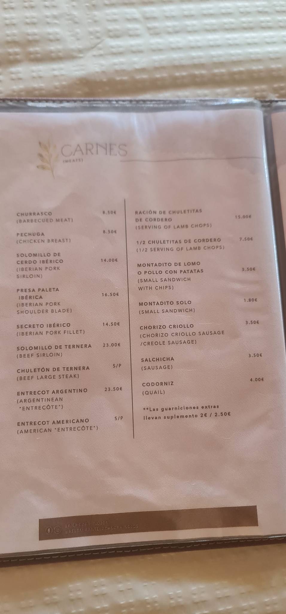 Carta de Restaurante la choza de Hinojos, Hinojos