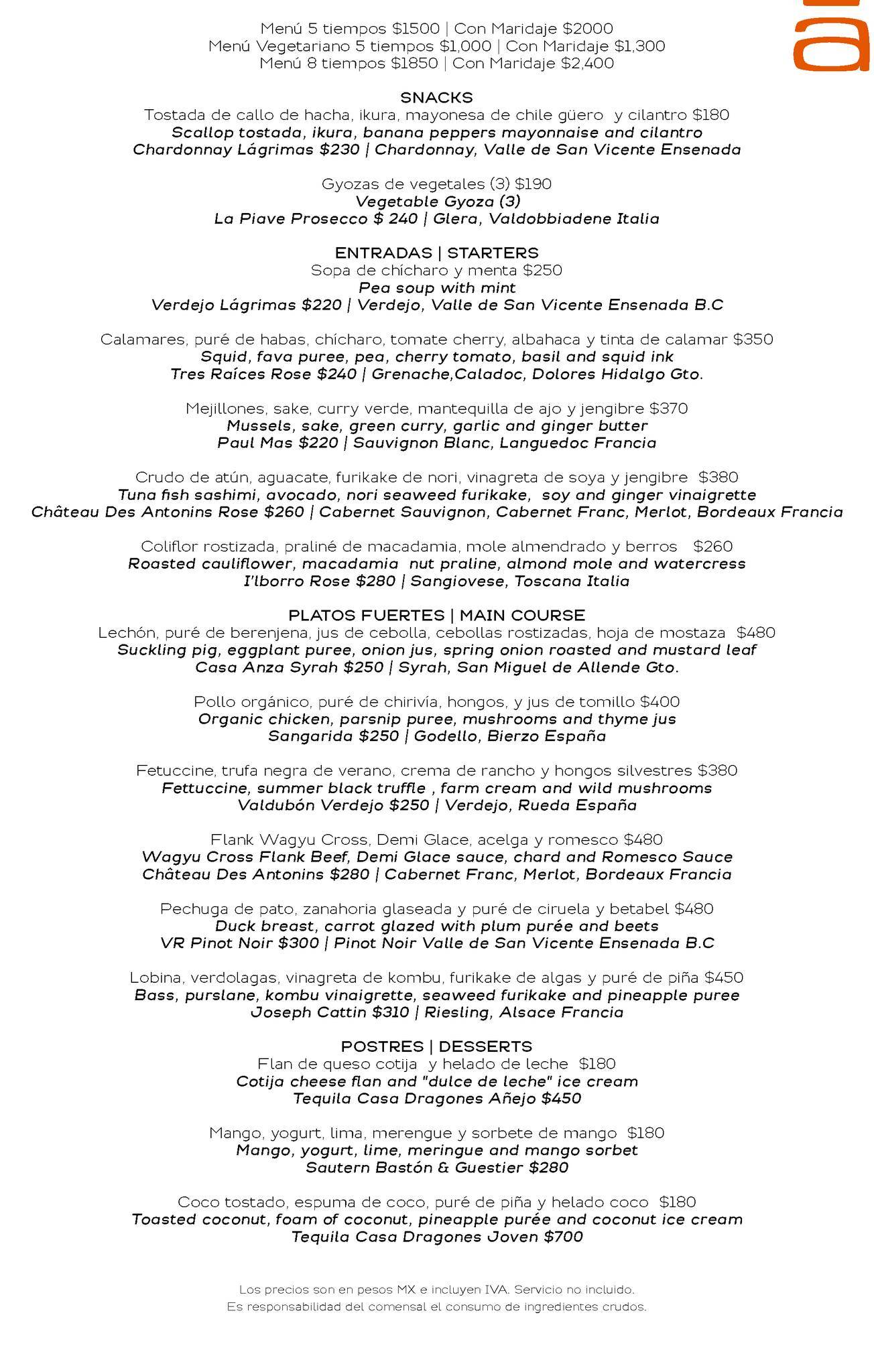 Menu at Restaurante Áperi, San Miguel de Allende, Quebrada 101