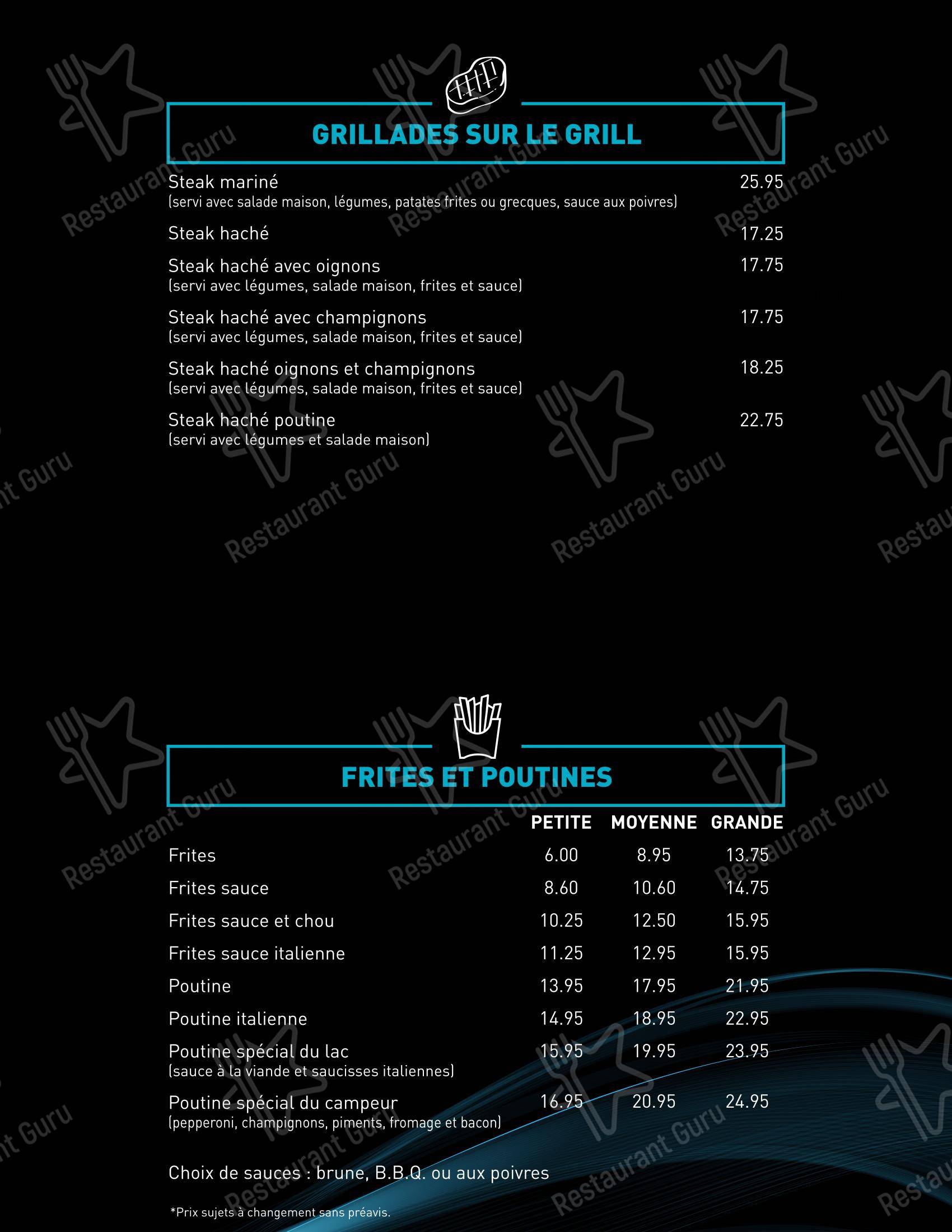 Menu au Resto du Lac restaurant, Notre-Dame-du-Mont-Carmel