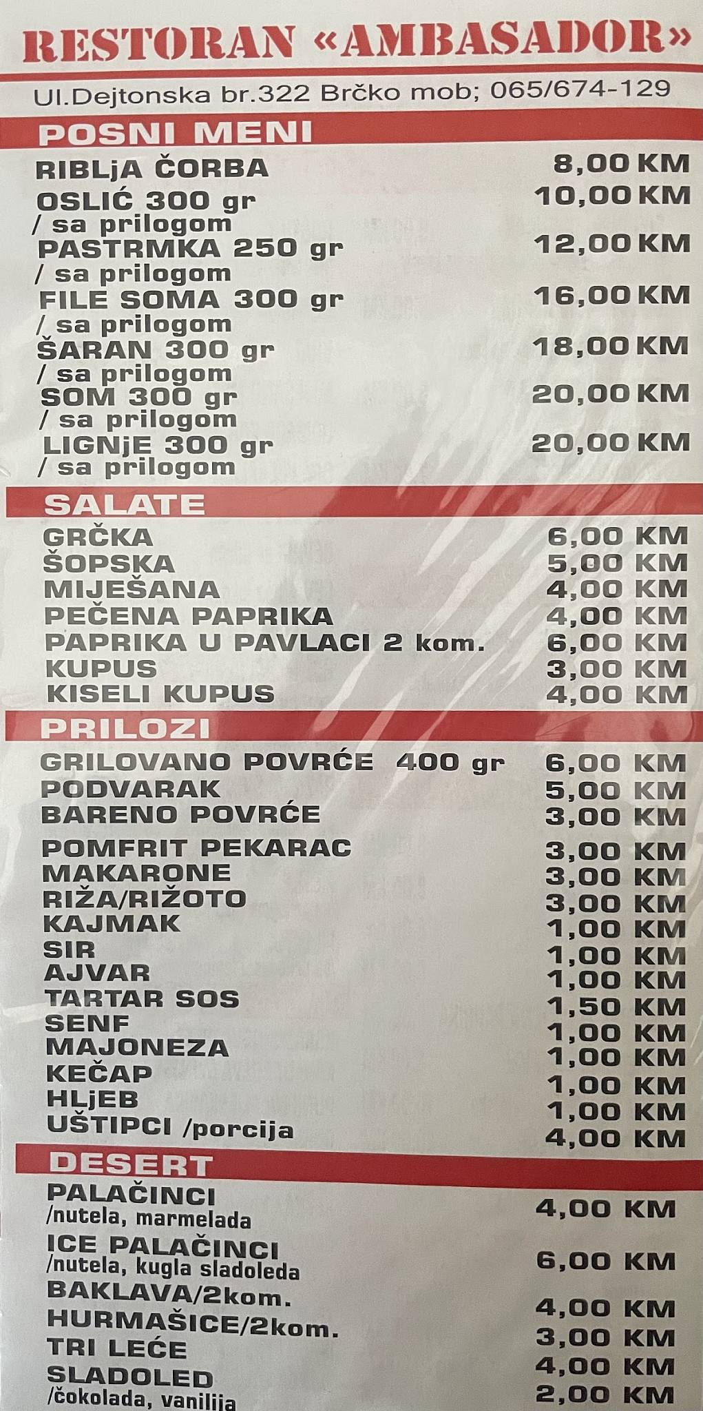 Menu at Restoran Ambasador restaurant, Brčko