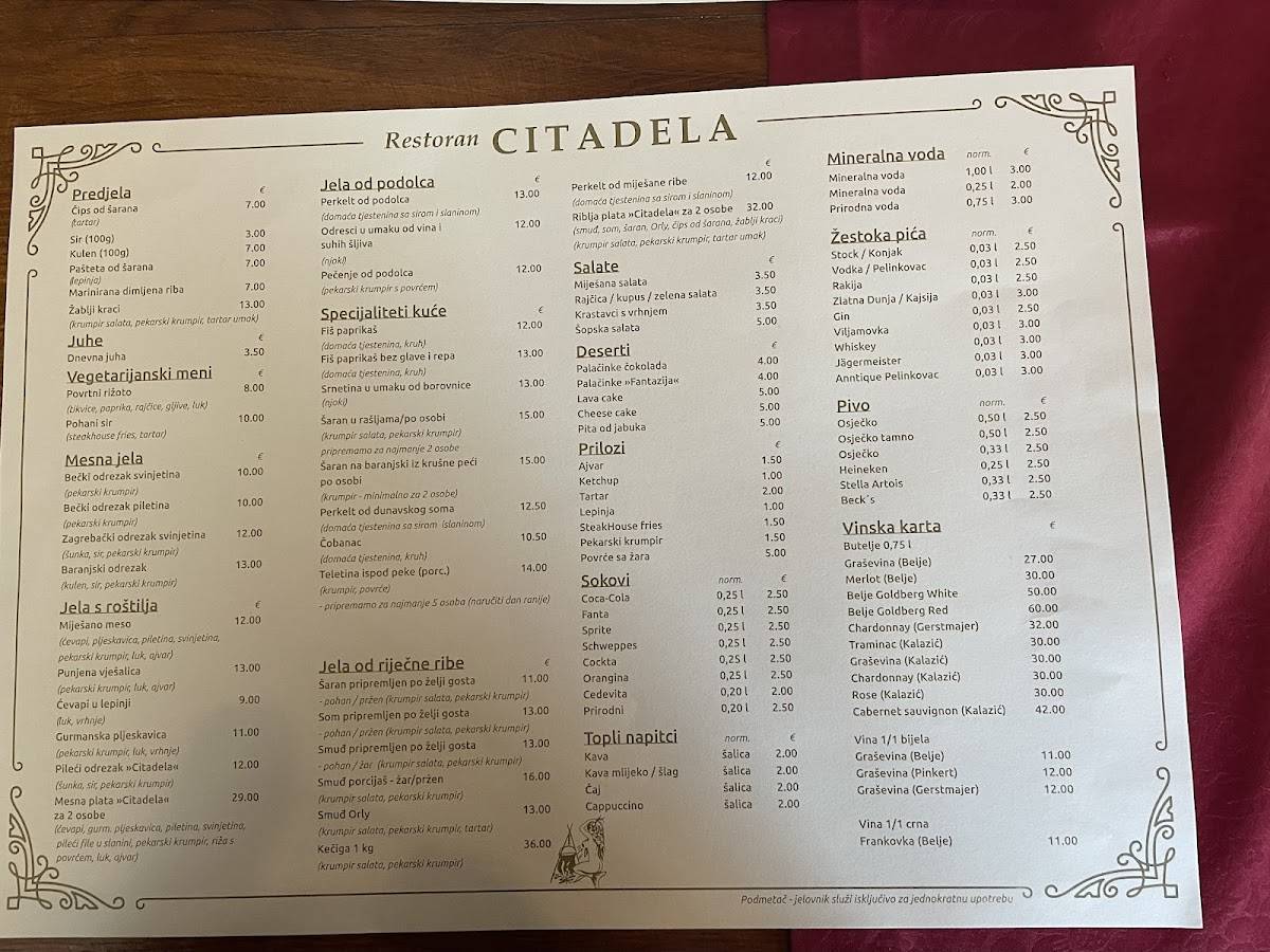 Menu at Restoran Citadela restaurant, Vardarac, Ul. Šandora Petefija 39