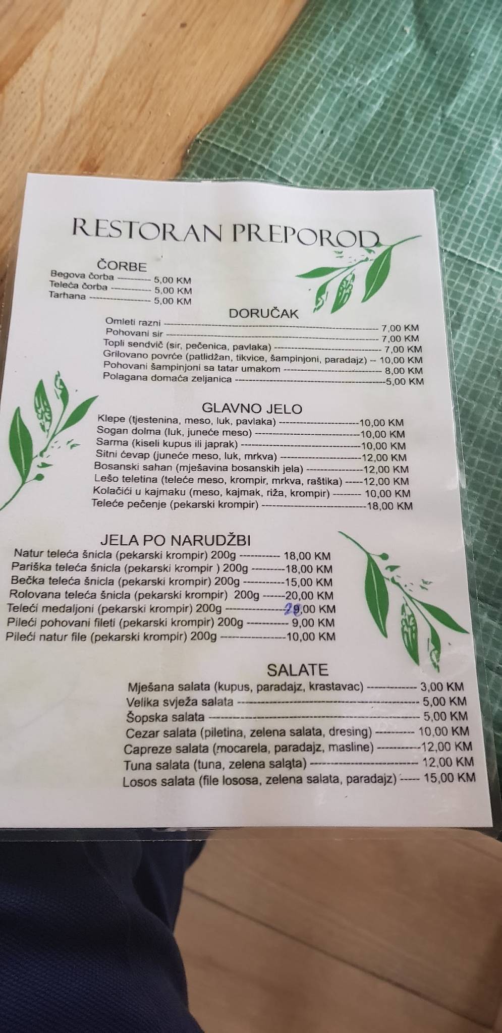 Menu at Restoran Preporod restaurant, Sarajevo
