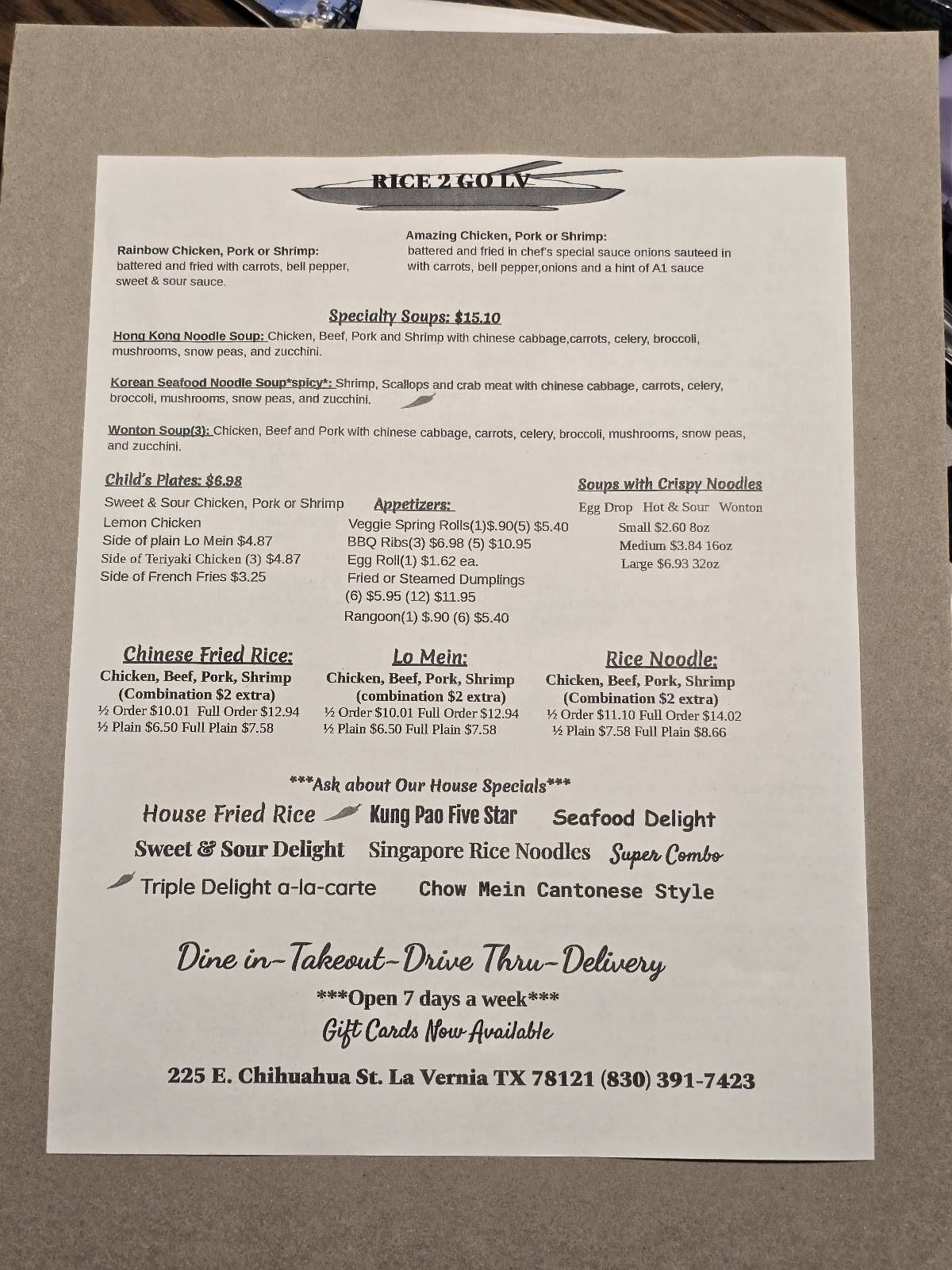Menu at Rice 2 Go restaurant, La Vernia