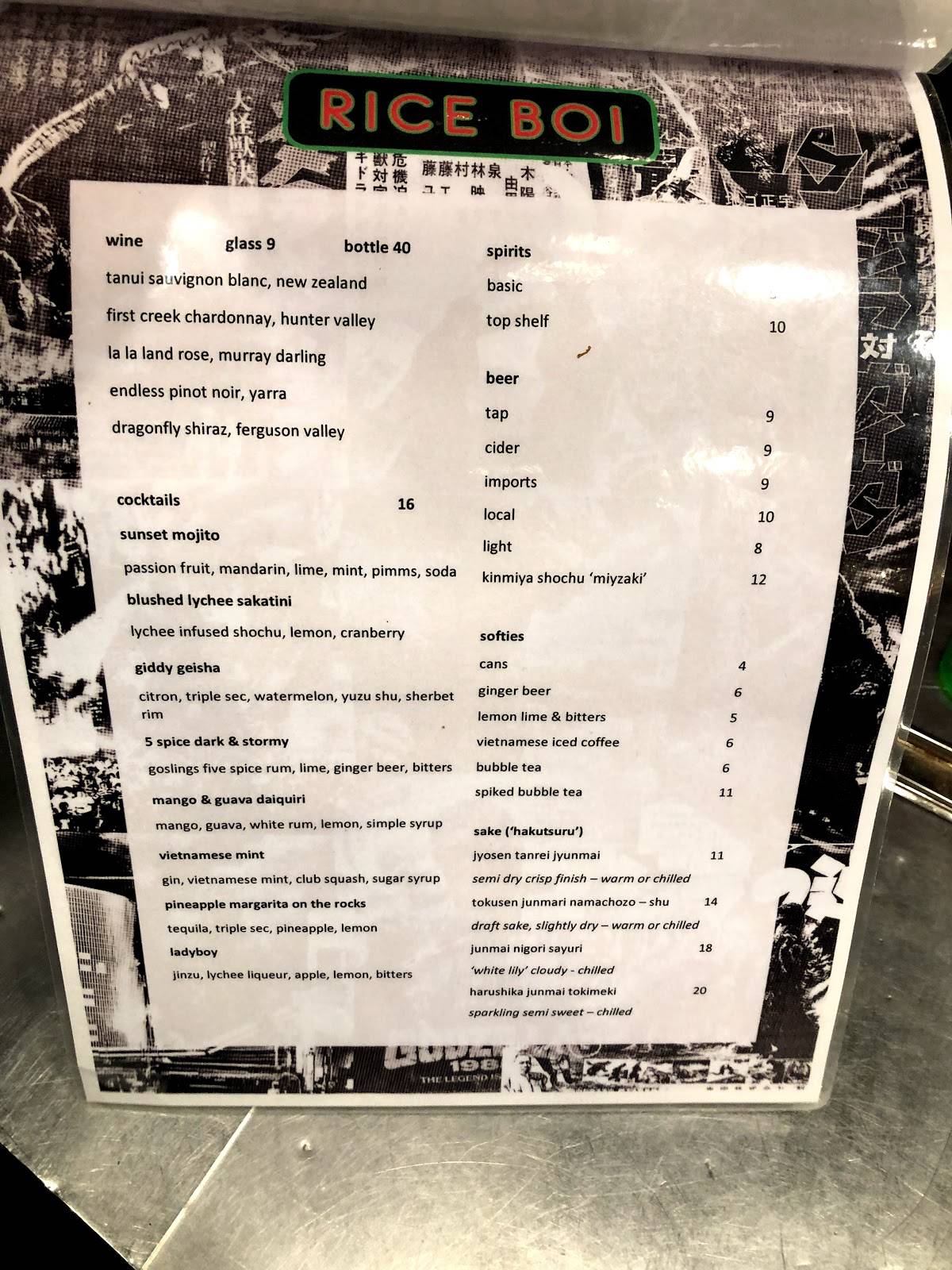 Menu at Rice Boi restaurant, Mooloolaba