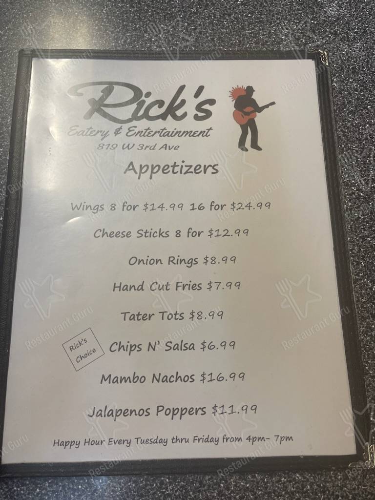 Menu at Rick's pub & bar, Moses Lake