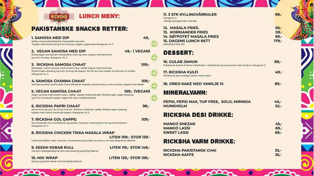 Menu at Ricksha Pakistani Street food restaurant, Oslo