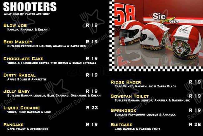 Menu at Ridgeway Racebar, Edenvale