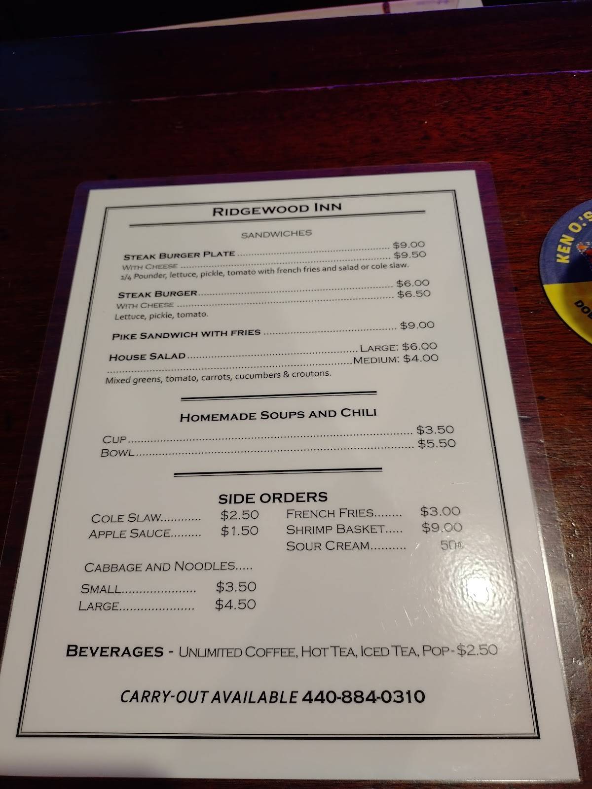 Menu at Ridgewood Inn pub & bar, Cleveland