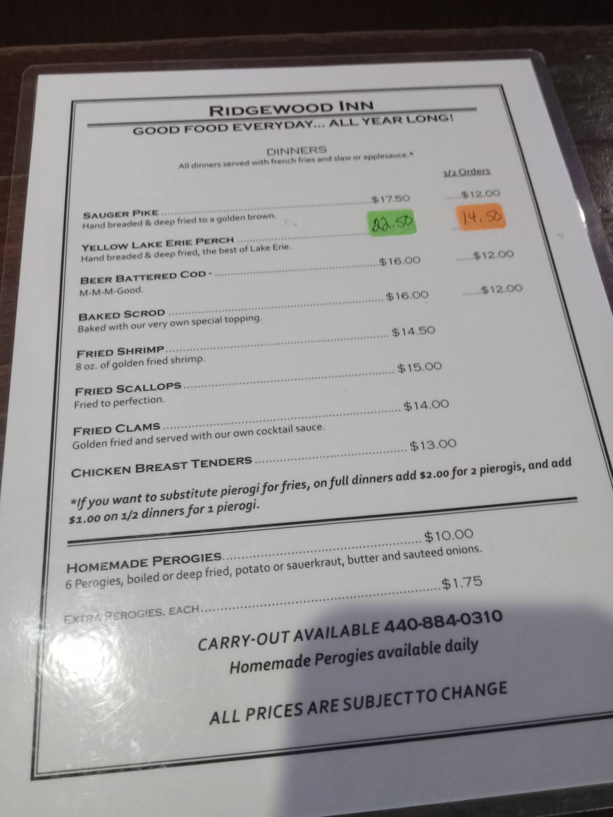 Menu at Ridgewood Inn pub & bar, Cleveland