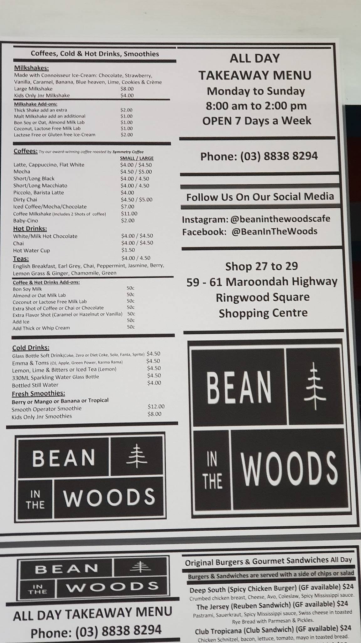 Menu at Bean in the Woods cafe, Ringwood