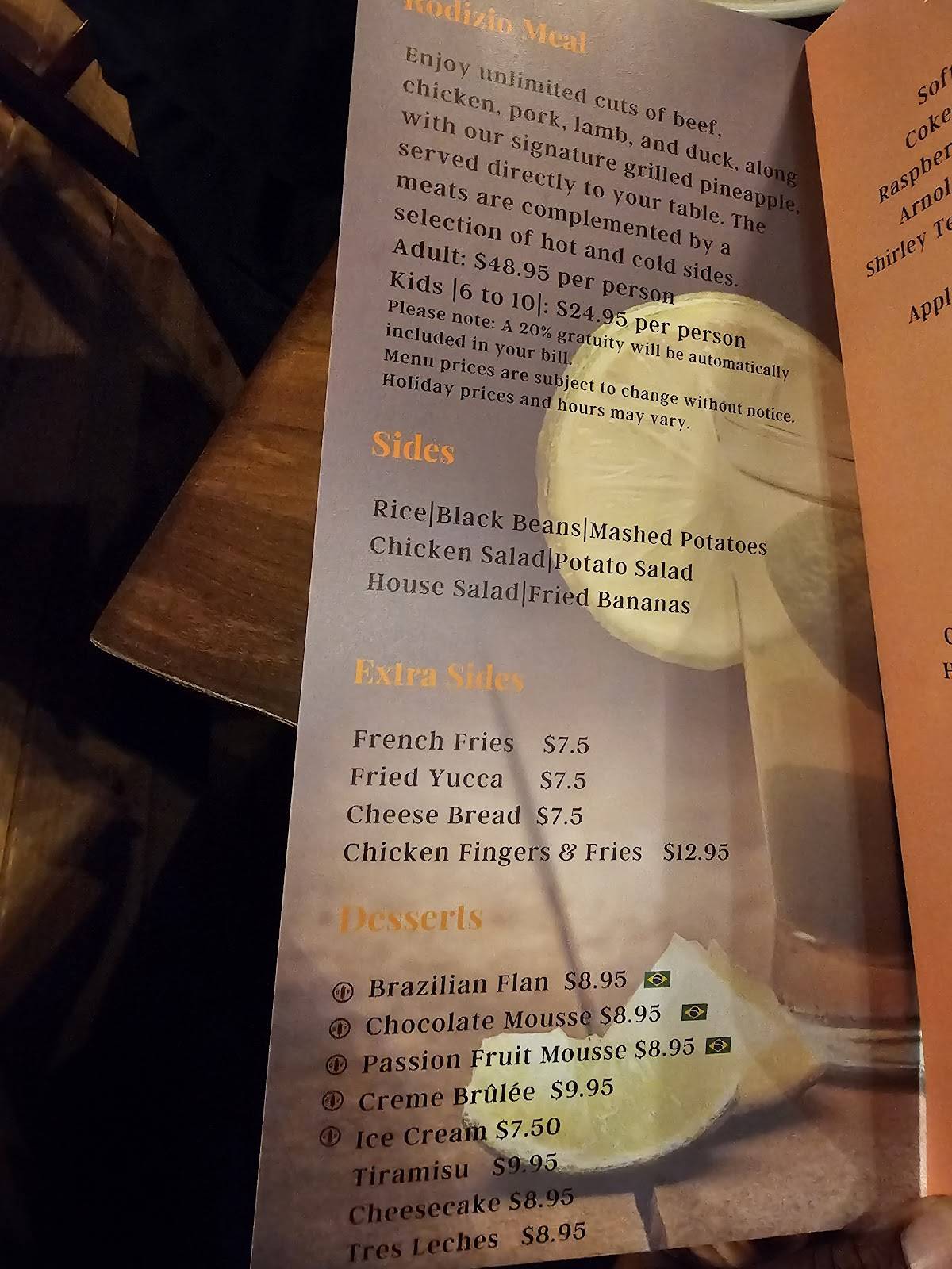 Menu at Rios Brazilian Steakhouse, Nazareth