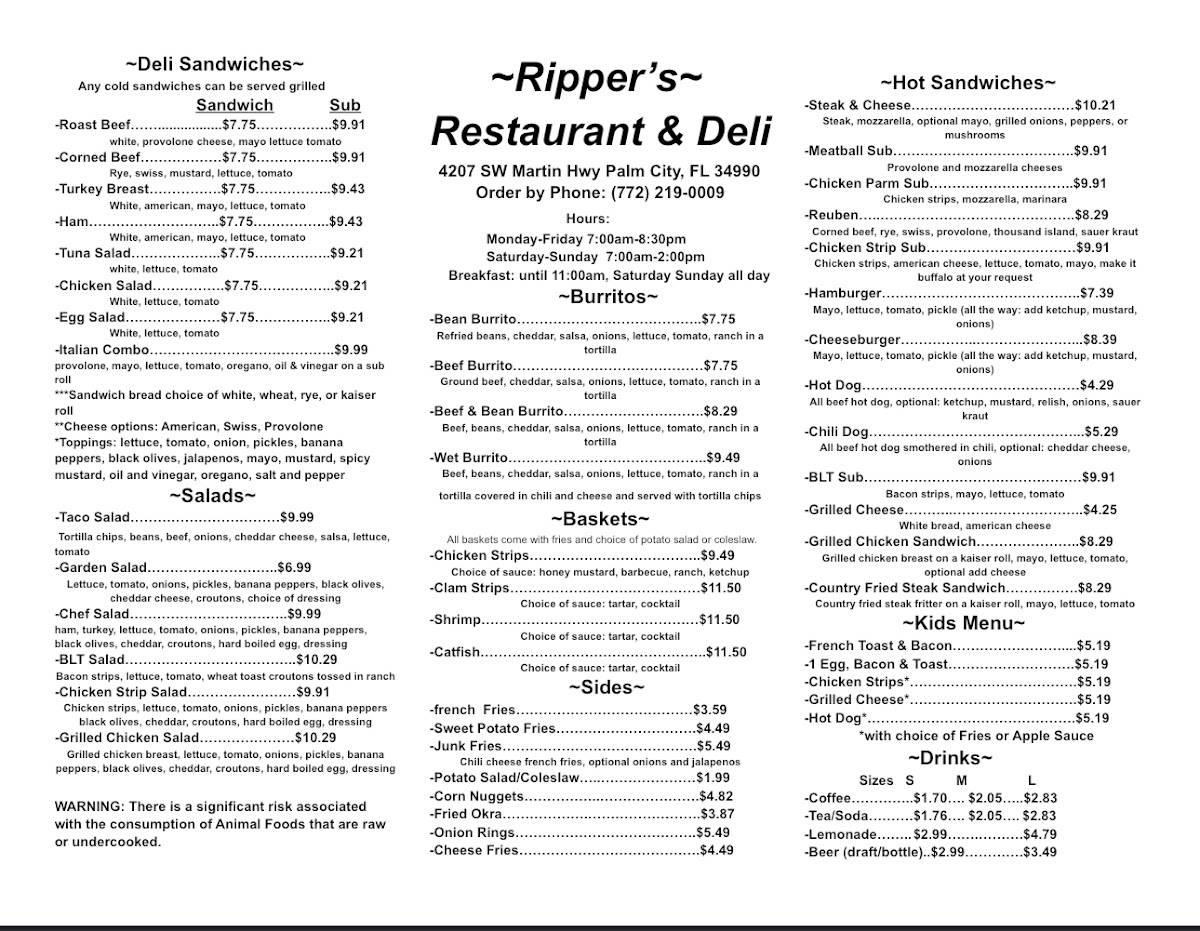 Menu at Ripper's Restaurant, Palm City