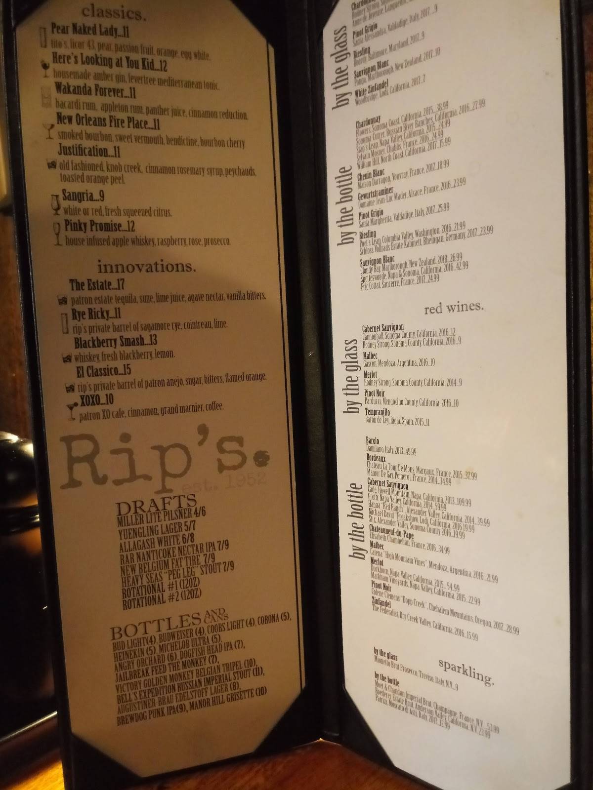 Menu at Rips Country Inn pub & bar, Bowie