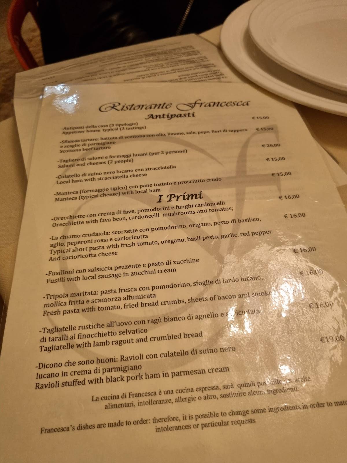 Menu at Ristorante Francesca, Matera