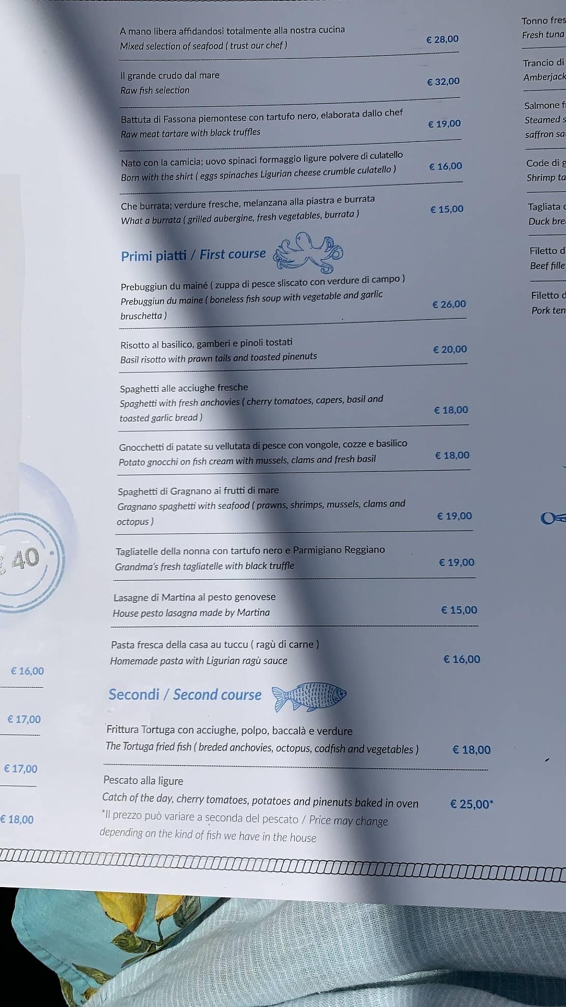 Menu at Ristorante L'Ancora della Tortuga, Monterosso al Mare
