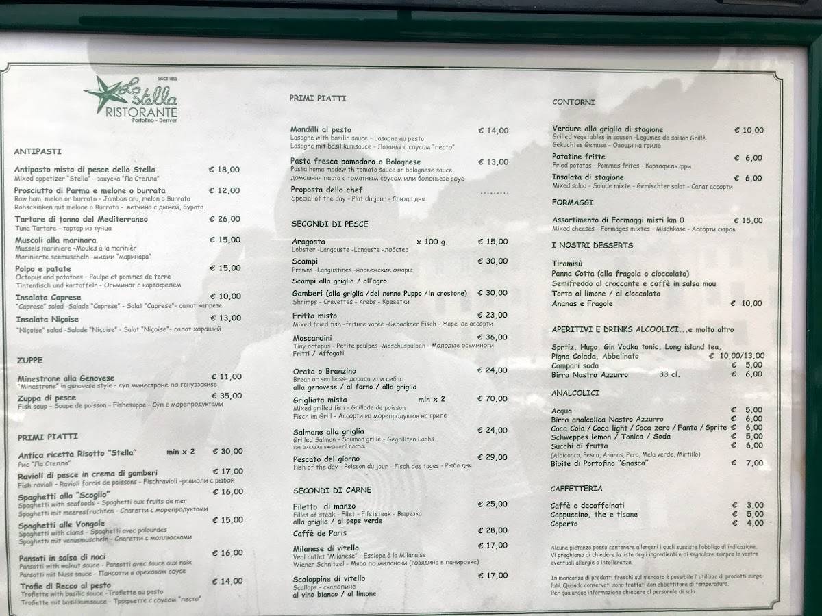 Menu at Ristorante Lo Stella, Portofino