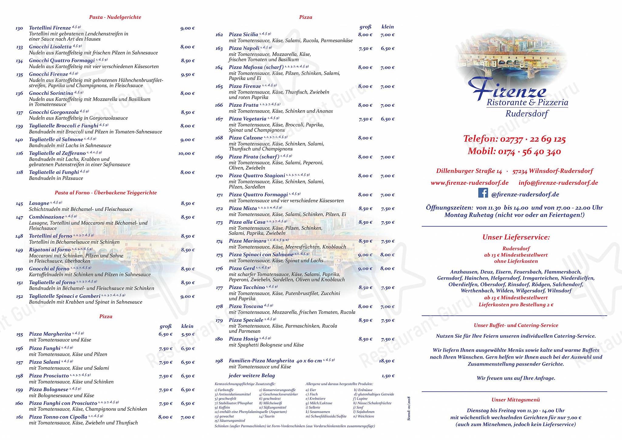 Speisekarte von Firenze Ristorante & Pizzeria Rudersdorf, Wilnsdorf