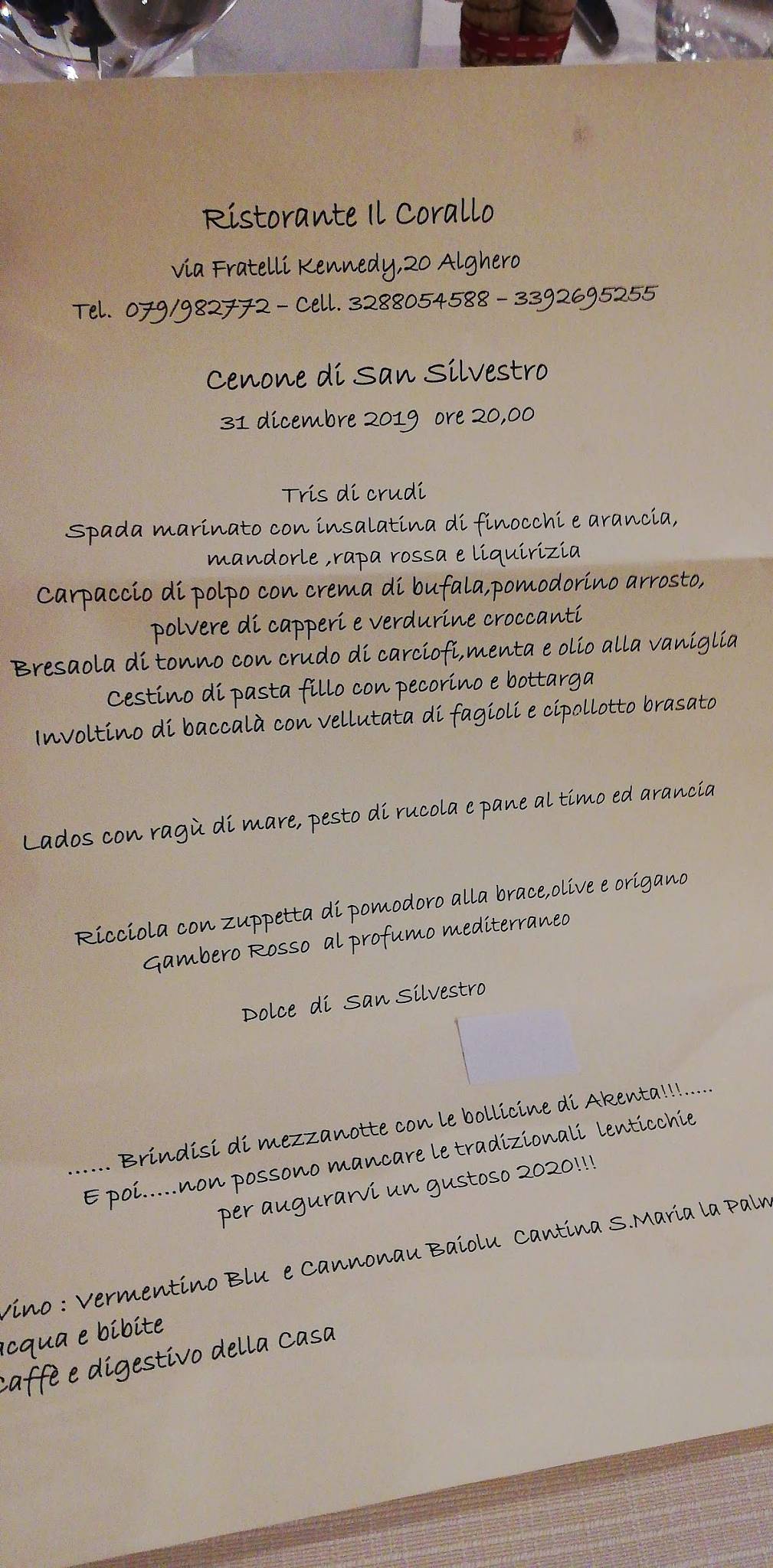 Menu da Ristorante ll Corallo, Alghero