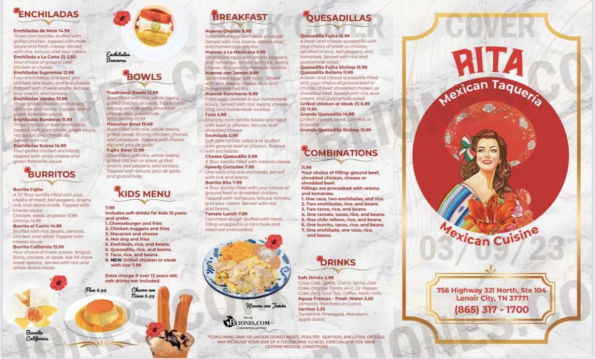 Menu at Rita Mexican Taqueria restaurant, Lenoir City
