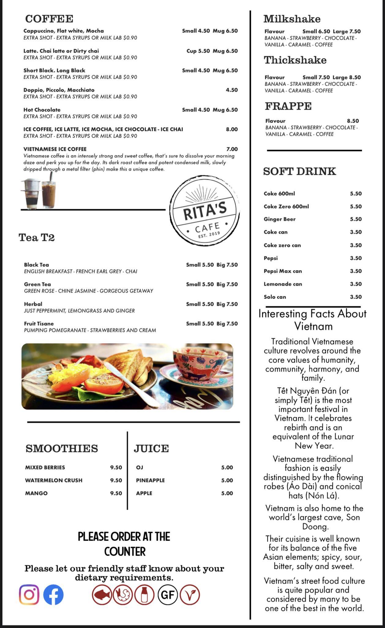 Menu at Rita’s Blue Cafe, Biloela