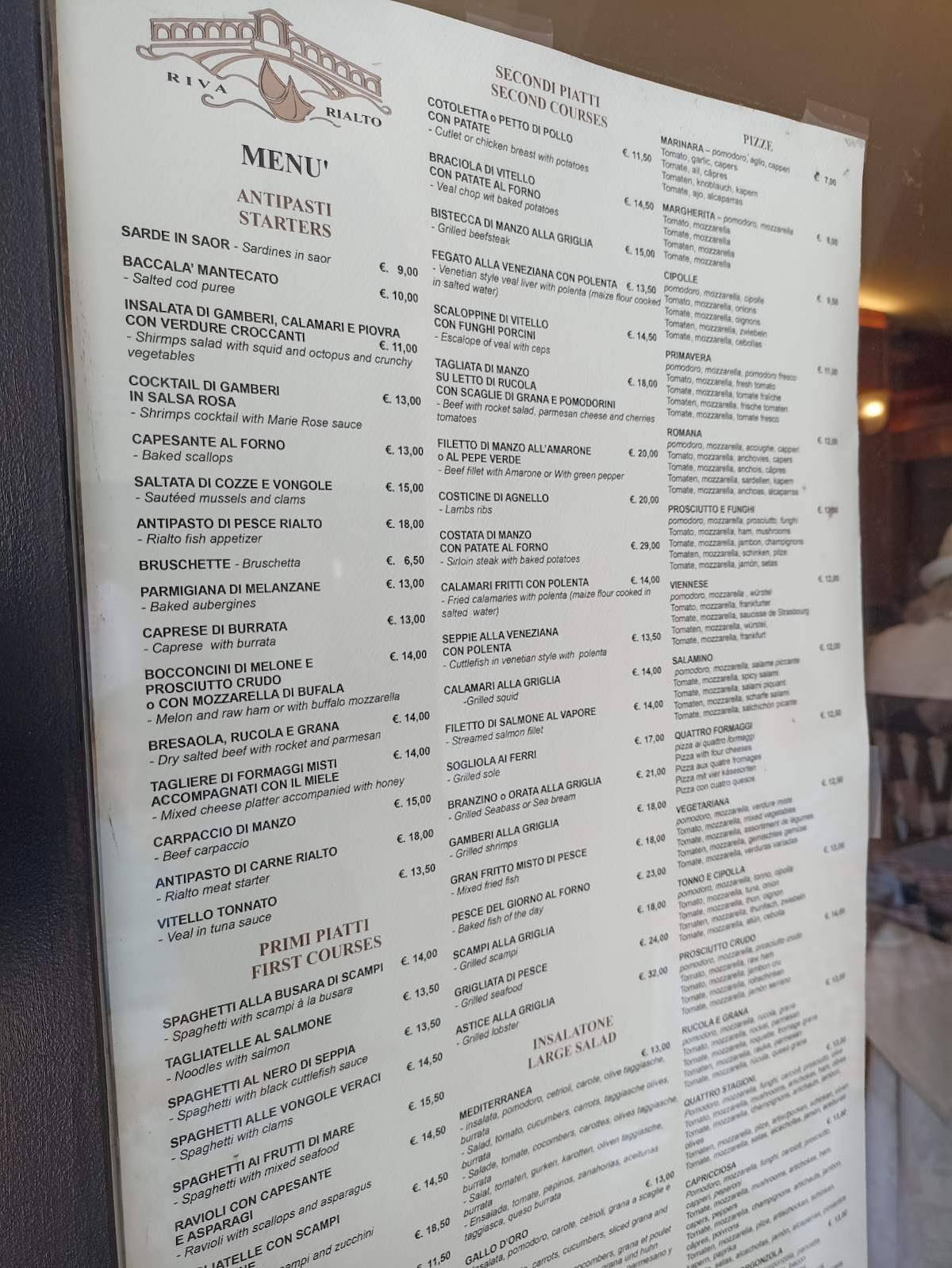 Menu at Riva Rialto restaurant, Venice