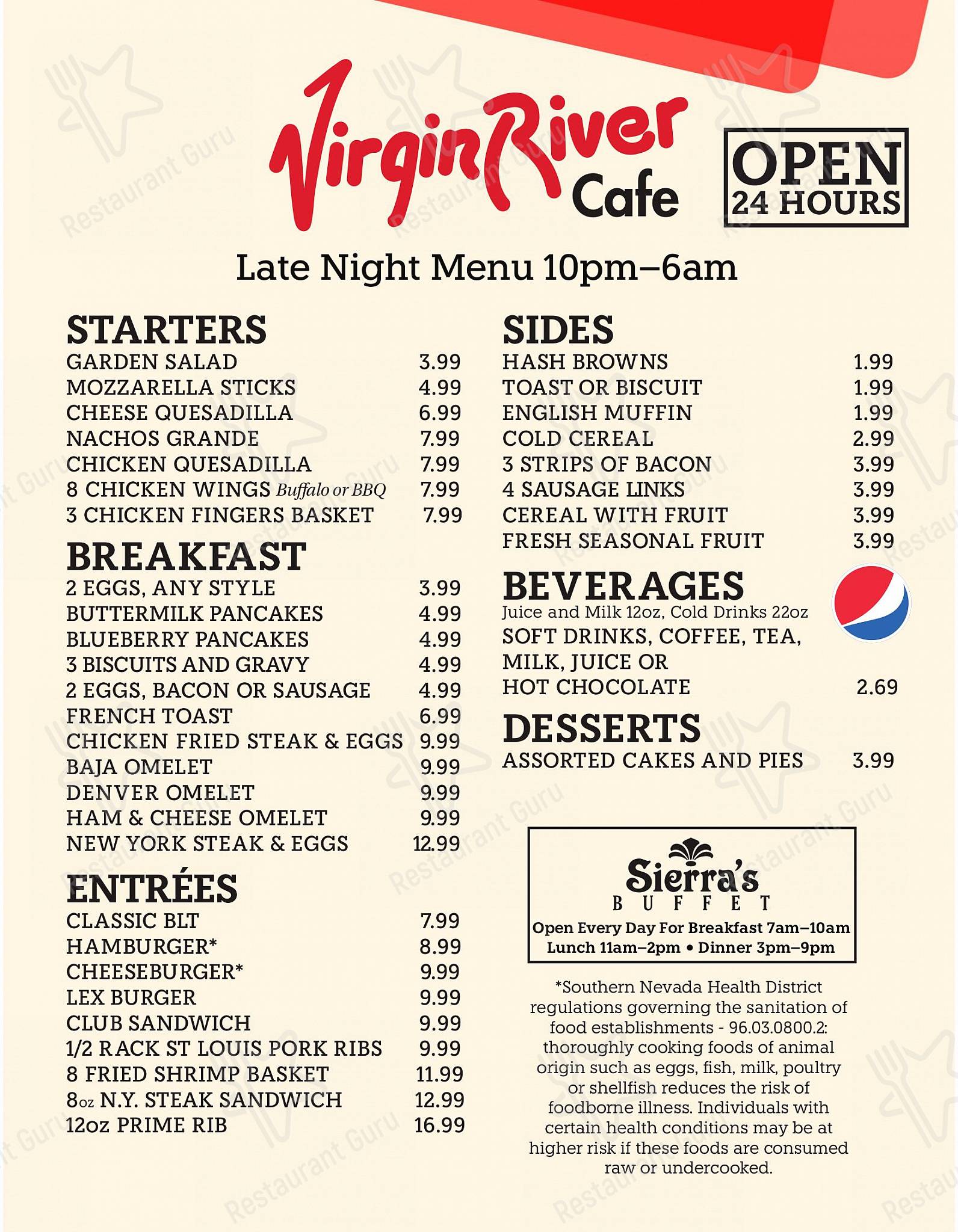 Menu at Virgin River Casino and Lodge cafe, Mesquite, 100 E Pioneer Blvd