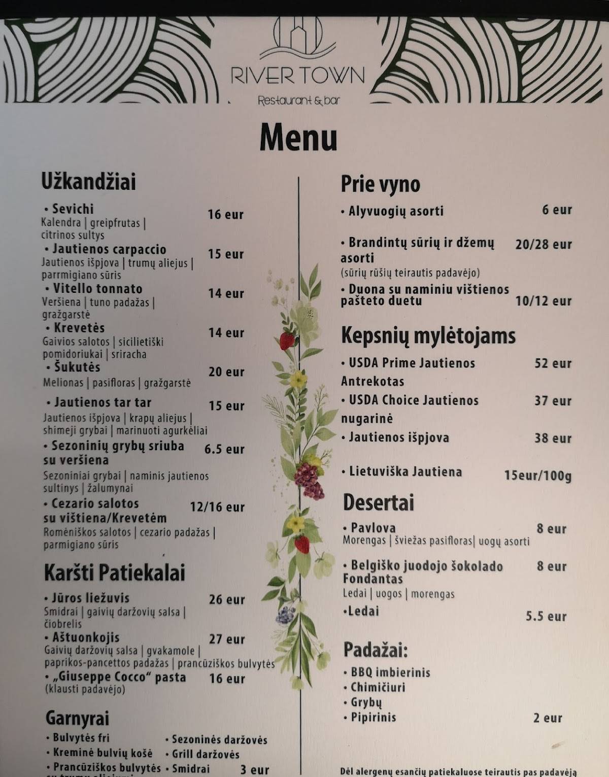 Speisekarte von River Town restaurant, Vilnius