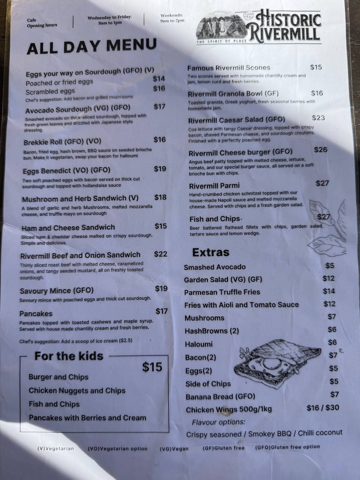 Menu at Rivermill Dining Deck cafe, Mount Nathan, 950 Beaudesert Nerang Rd