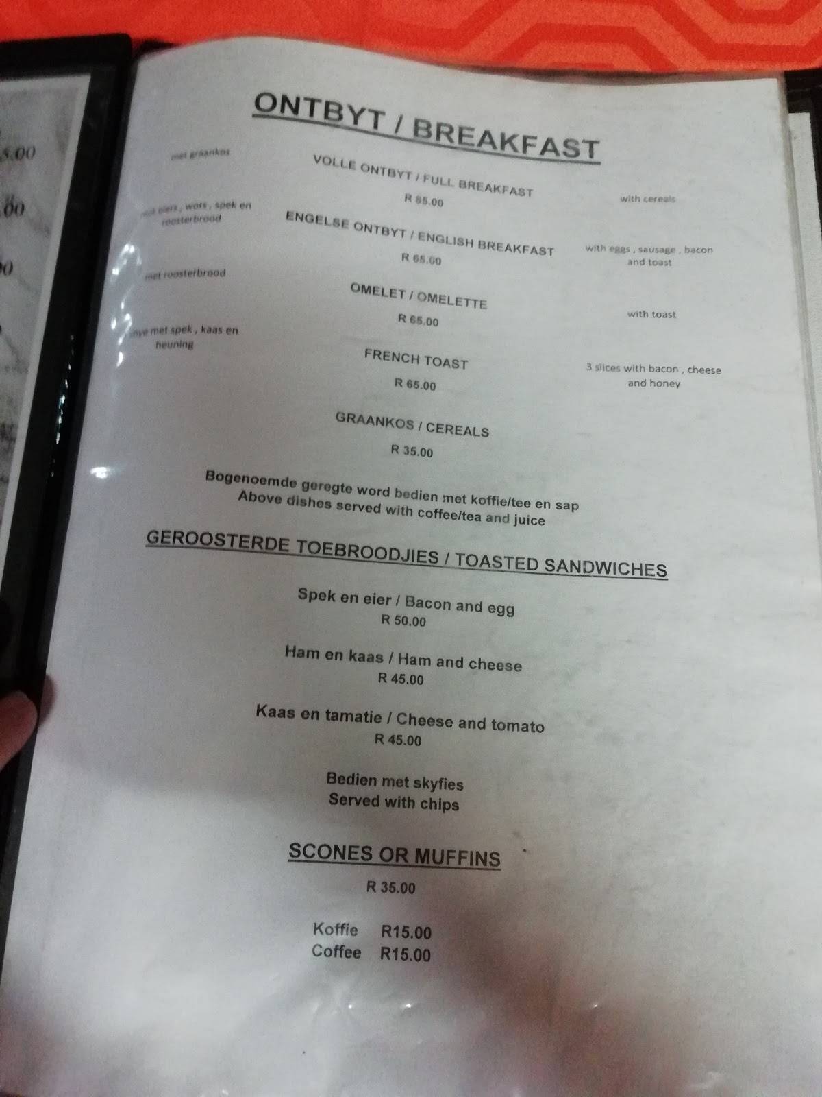 Menu at Riviera Hotel & Chalets restaurant, Velddrif