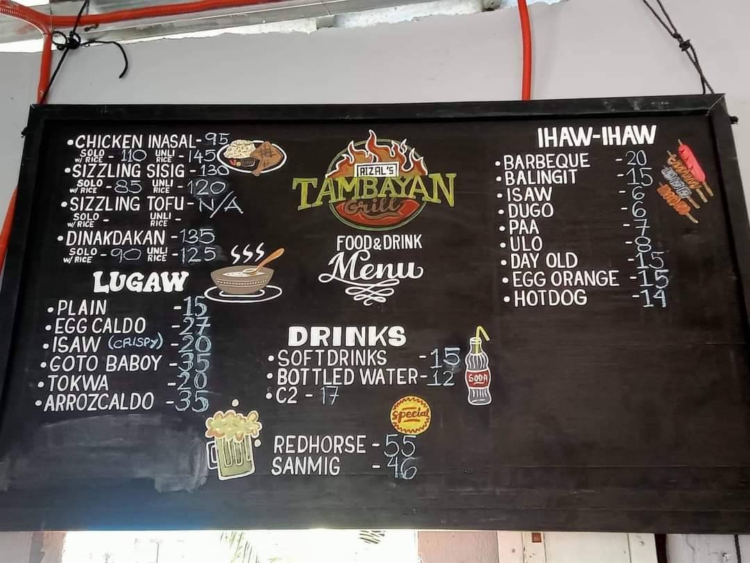 Carta del restaurante Rizal's Tambayan Grill, Rizal del Nueva Écija