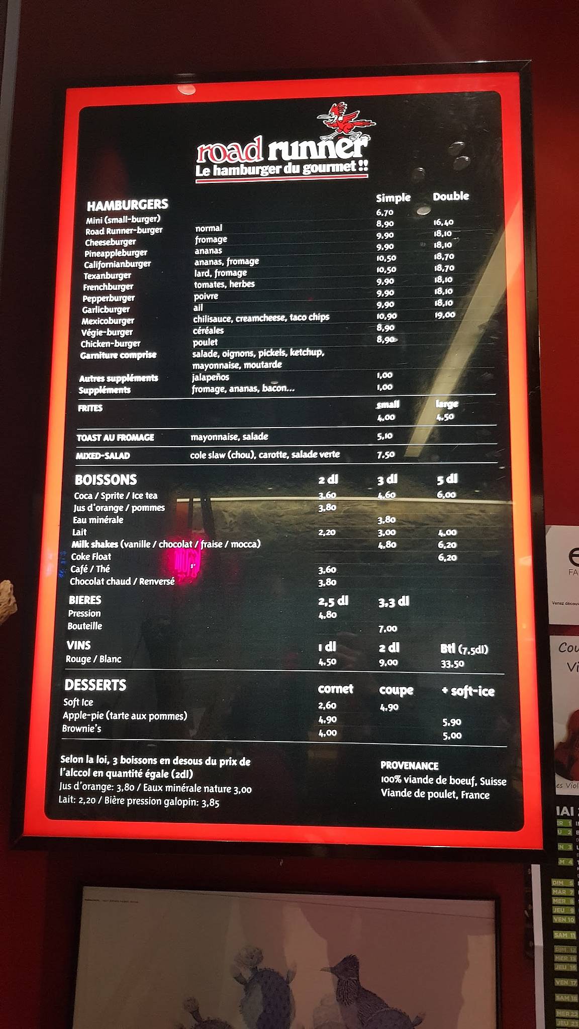 Menu at Road Runner, Geneva, Rte de Chêne 63