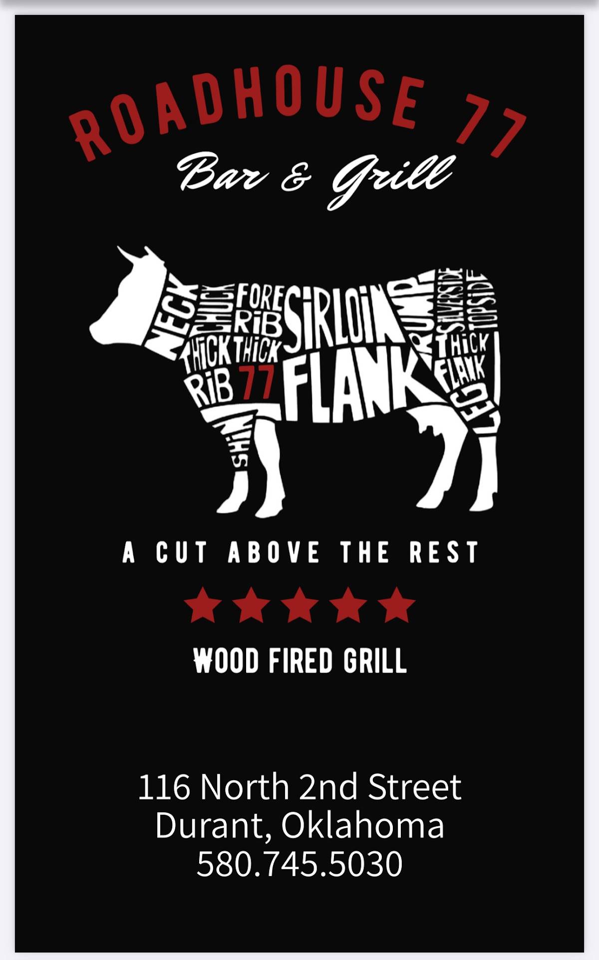 Menu at Roadhouse 77 restaurant, Durant, 116 N 2nd Ave