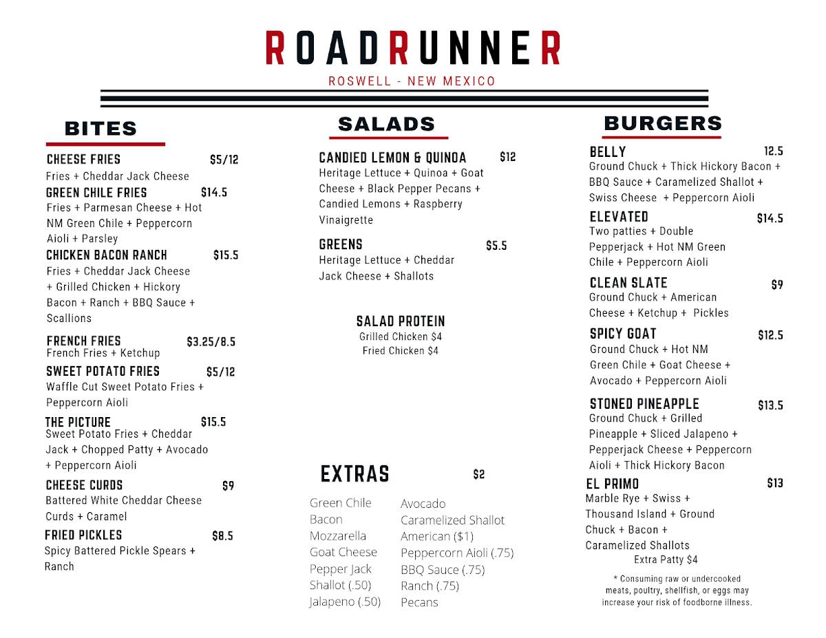 Menu at Roadrunner Cafe, Roswell