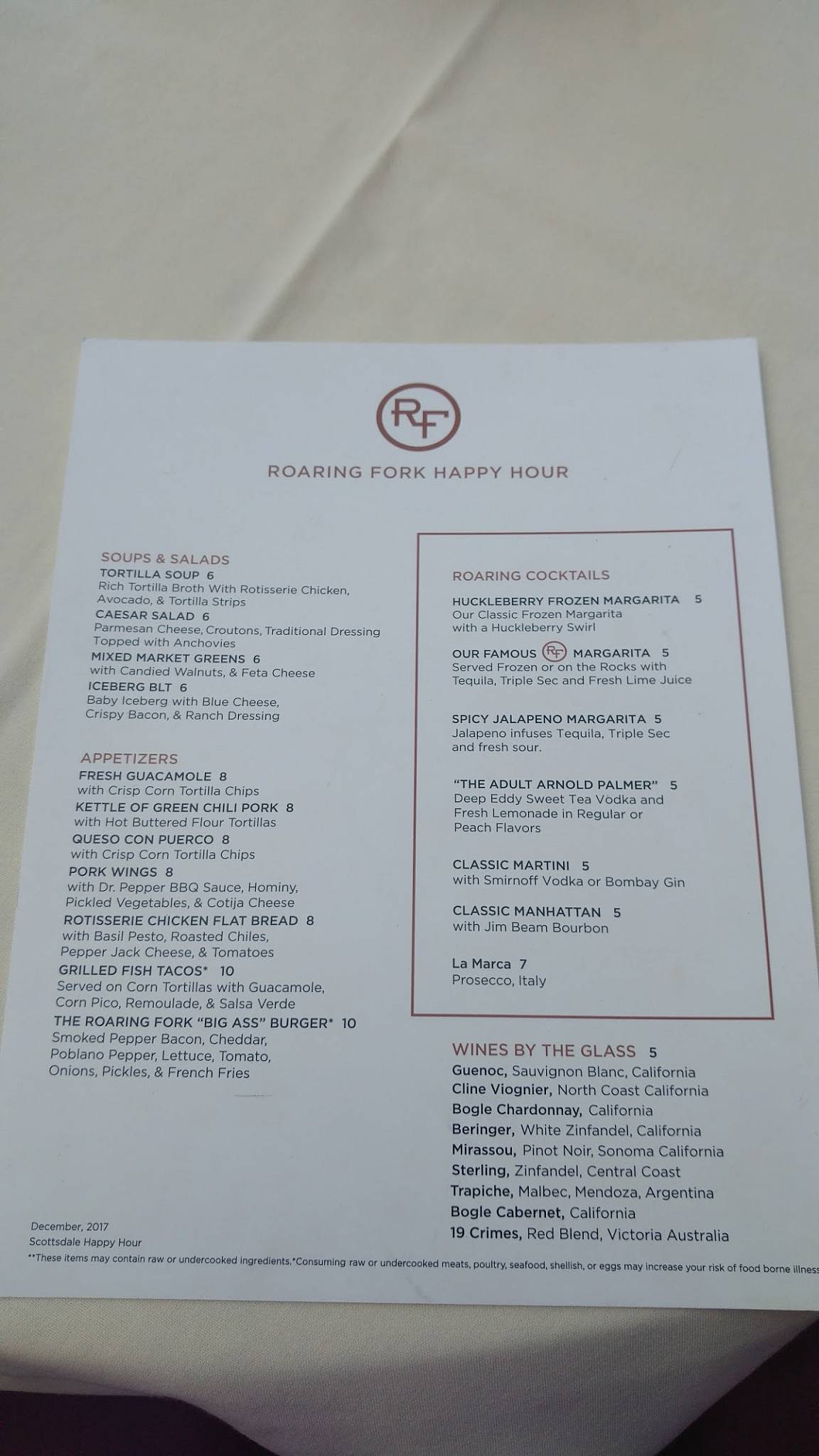 Menu at Roaring Fork pub & bar, Scottsdale