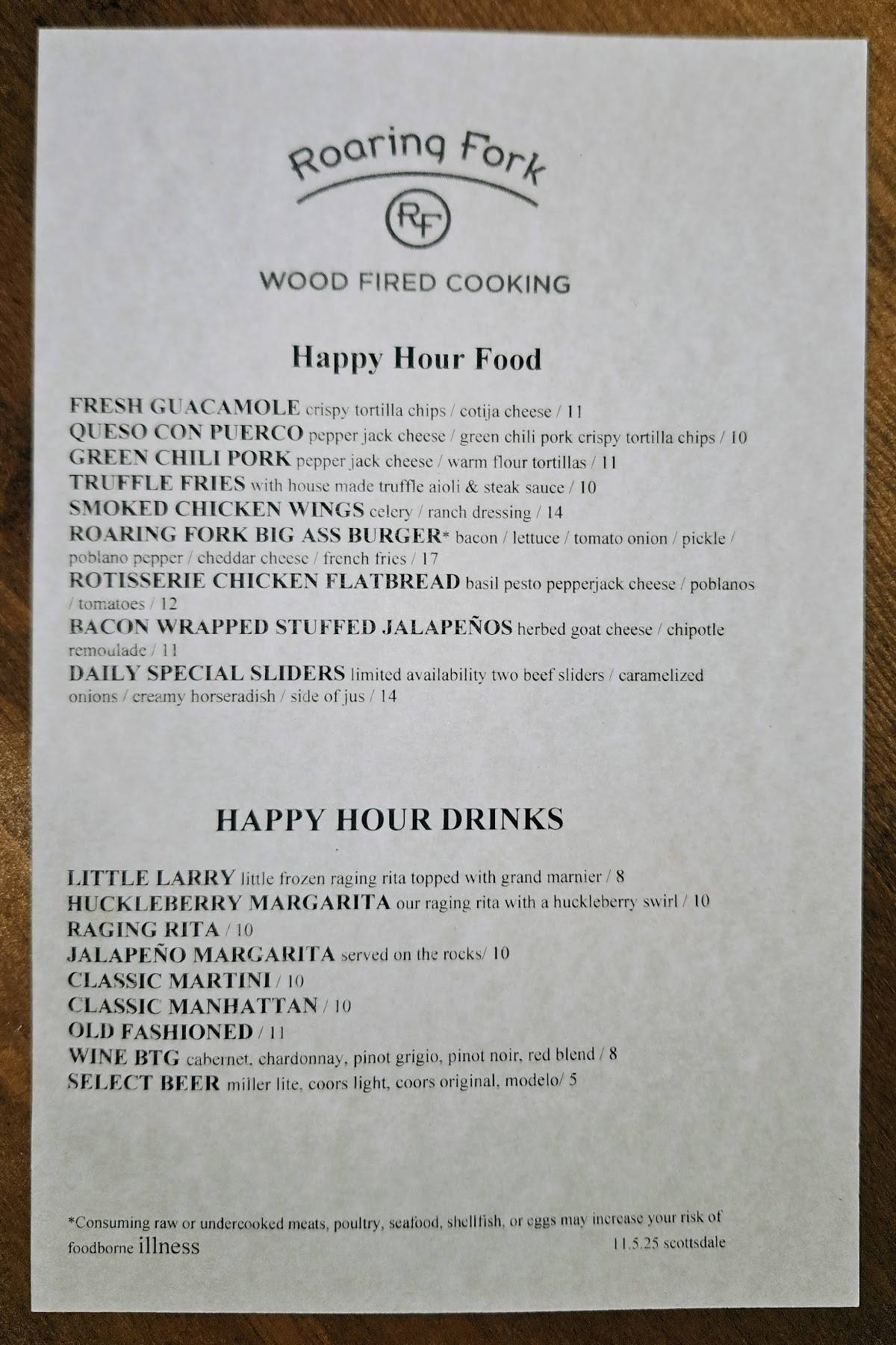 Menu at Roaring Fork pub & bar, Scottsdale, 4800 N Scottsdale Rd