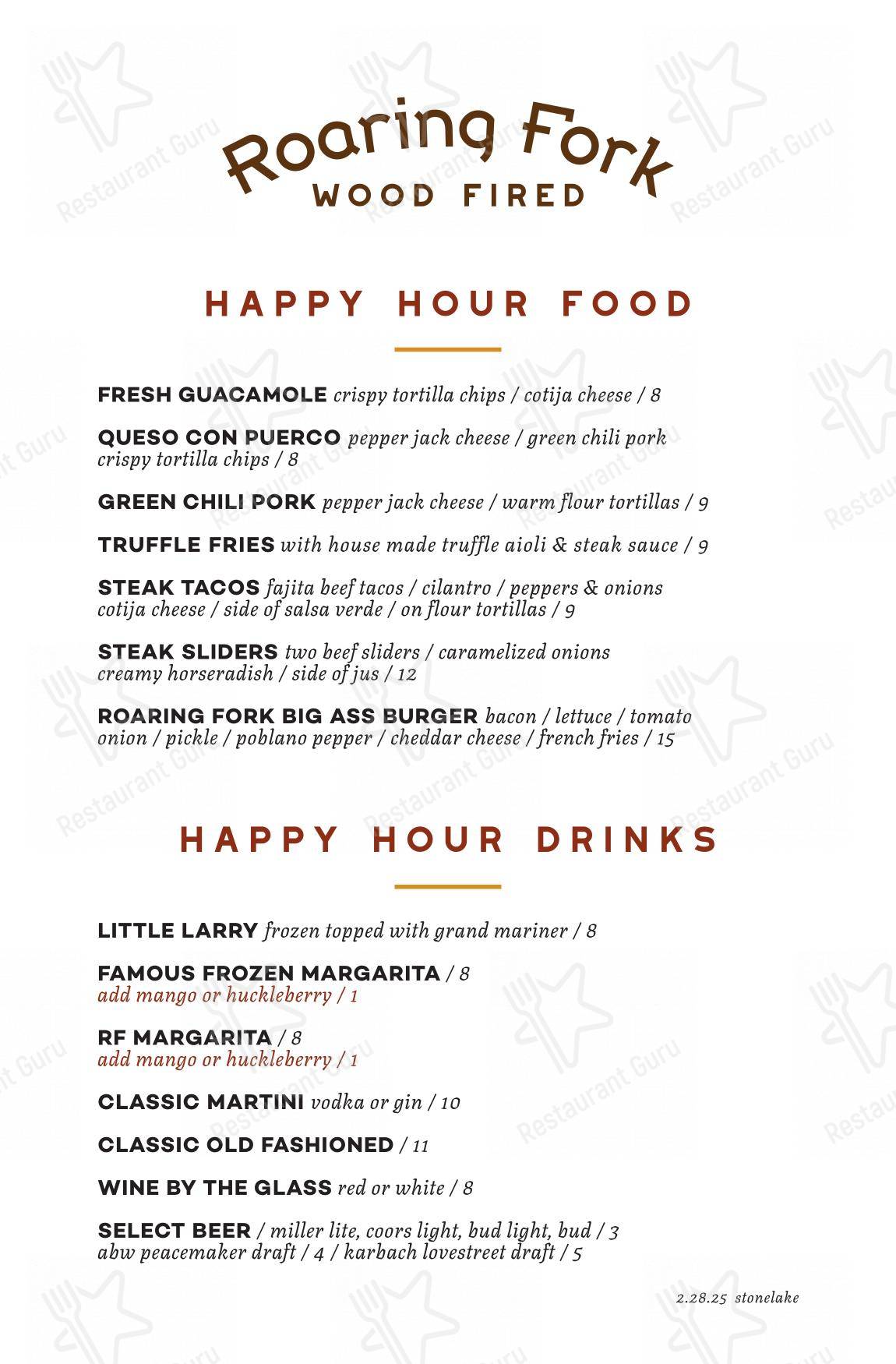 Menu at Roaring Fork pub & bar, Scottsdale, 4800 N Scottsdale Rd