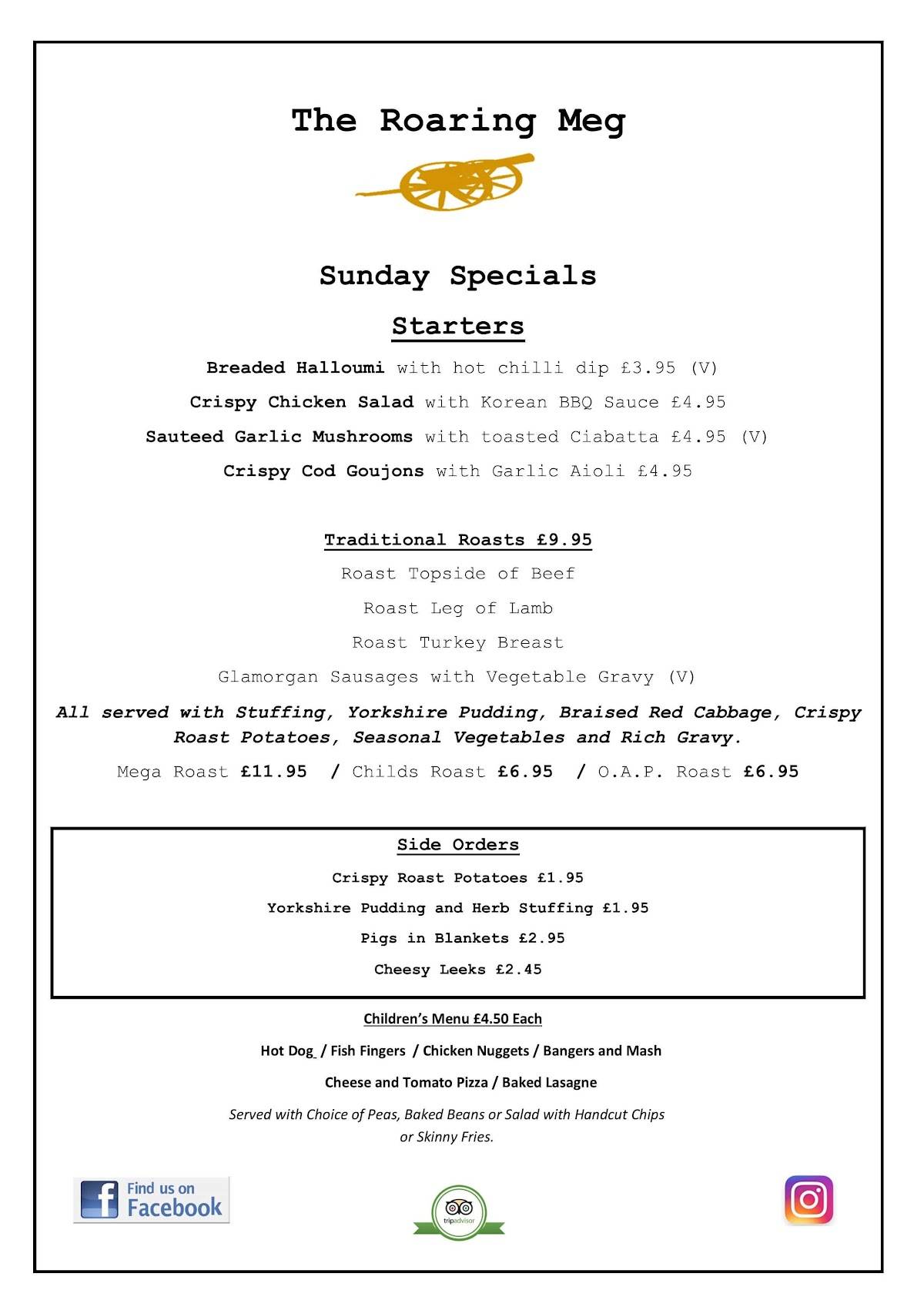 Menu at Roaring Meg pub & bar, Stoke-on-Trent, 40 Pennine Way