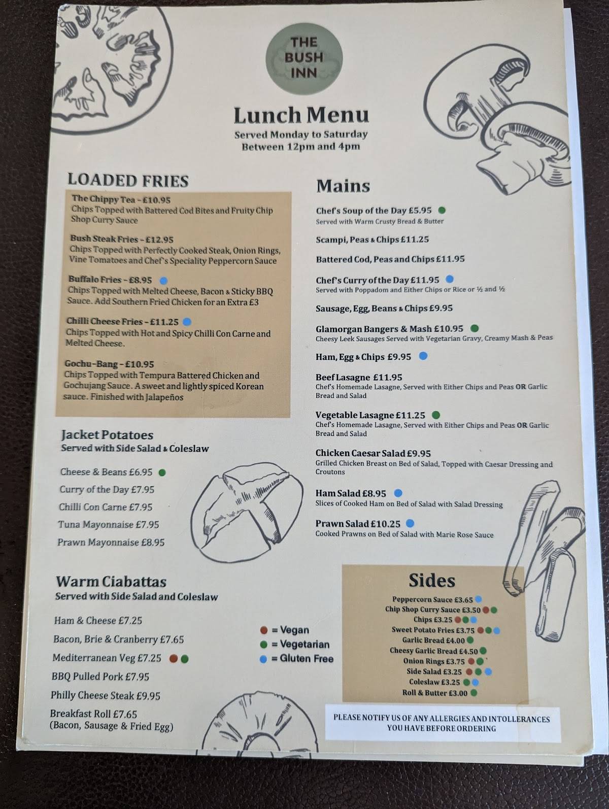 Menu at The Bush Inn pub & bar, Robeston Wathen, B4314