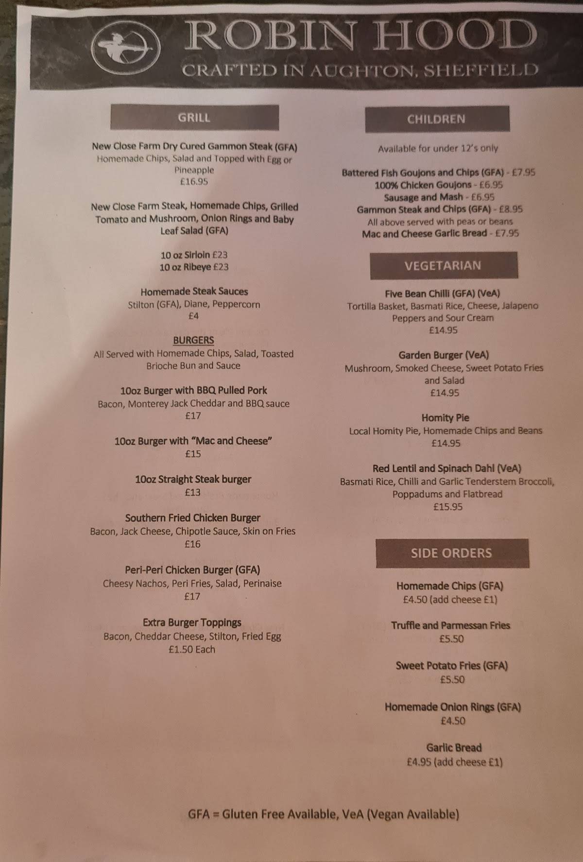 Menu at Robin Hood Inn pub & bar, Sheffield, 64 Main St