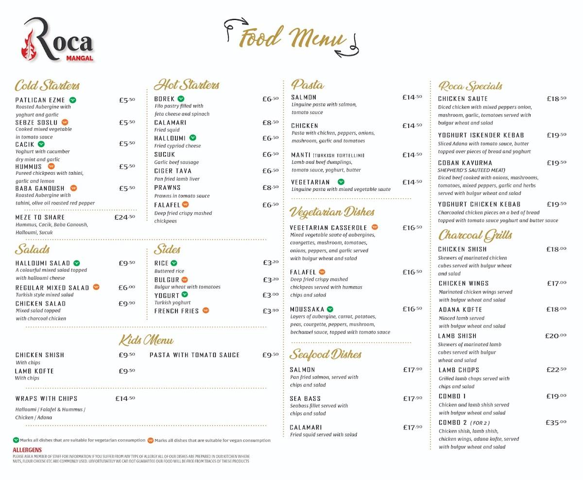 Menu at Roca Mangal restaurant, London