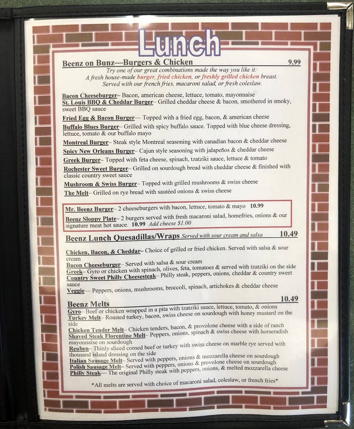 Menu at Mr. Beenz Diner restaurant, Rochester