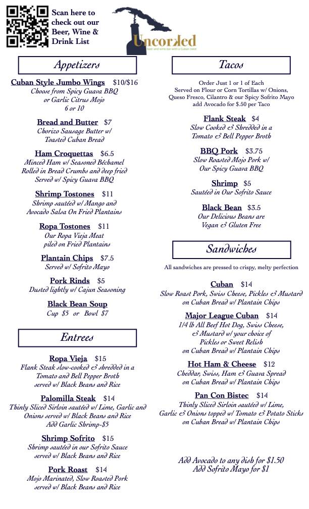 Carta del pub y bar Rochester Uncorked, Rochester